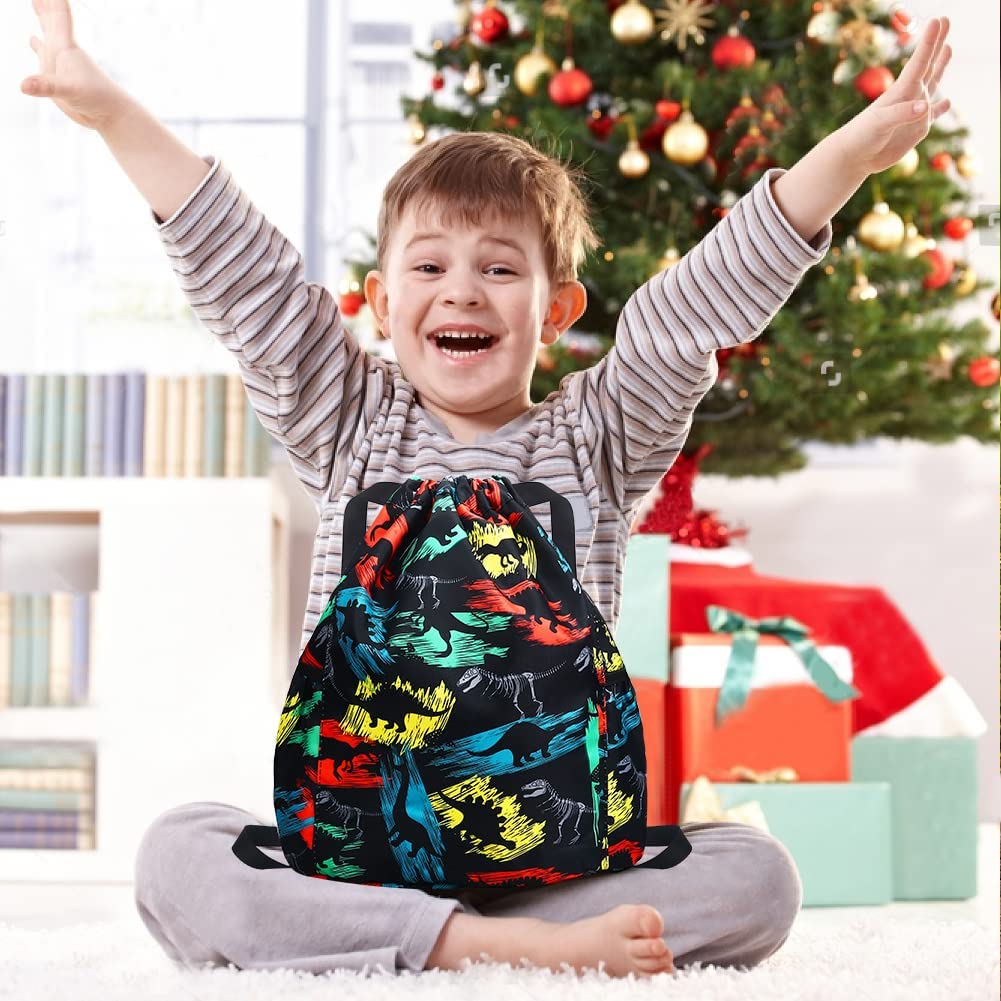 RHCPFOVR Drawstring Backpack for Kids - Dinosaur Bags for Girls Gym Dance Beach Swim Travel Bag With Two Water Bottle Holder