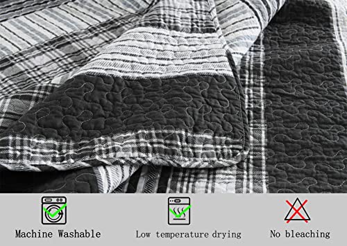 YUMIYUSHI Quilt King Size - Cotton King Quilt Set,White Black Gray Striped Plaid King Quilt Bedding Set,Farmhouse Patchwork Bedspreads,Lightweight Reversible Comforter for All Season,3-Piece