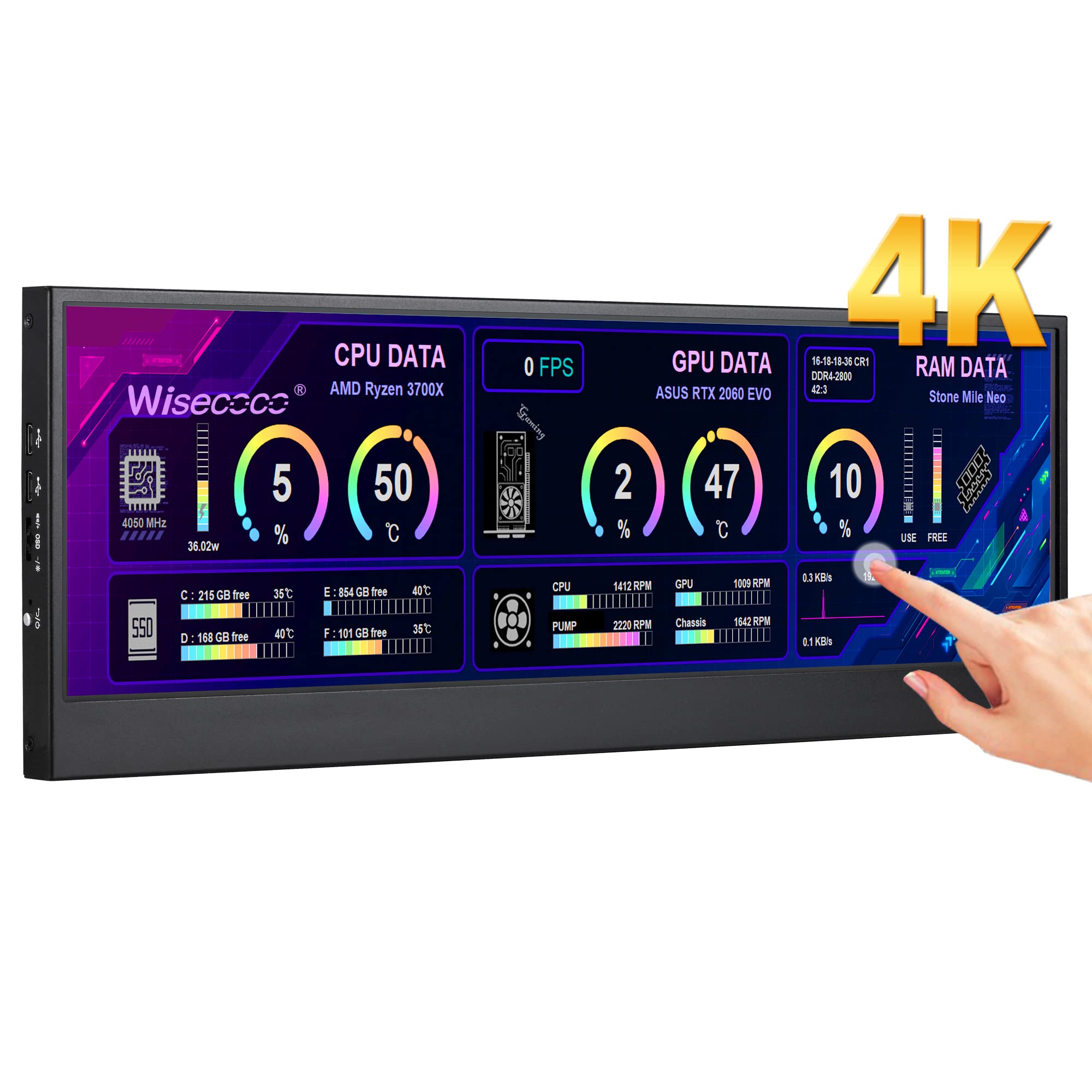 wisecoco 14'' 4K UHD IPS 3840x1100 Stretched Bar Touch Screen Display Monitor for Laptop Computer PC Speed Temperature Windows Aida64 CPU GPU HDMI Secondary Monitor for Music Media Timeline Editing