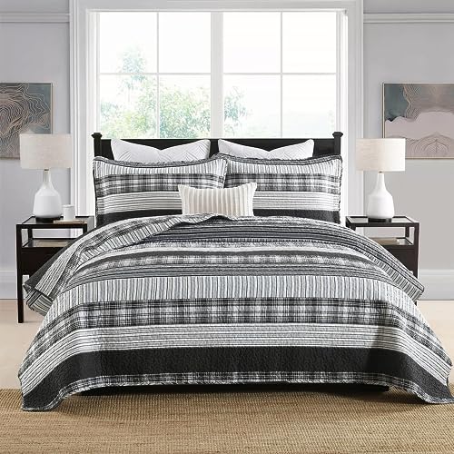 YUMIYUSHI Quilt King Size - Cotton King Quilt Set,White Black Gray Striped Plaid King Quilt Bedding Set,Farmhouse Patchwork Bedspreads,Lightweight Reversible Comforter for All Season,3-Piece