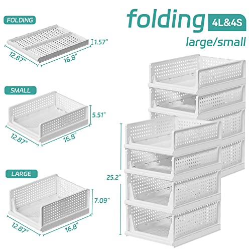 MVSRWLL Stackable Plastic Storage Basket Bin Shelf Box for Closet Wardrobe Organizer 8 Pack Foldable Clothes Drawer Storage Container for Cupboard Kitchen Bathroom Bedroom Office (White)(4L4S)