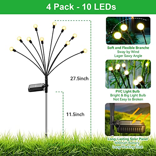 Solar Garden Lights - 4 Pack 10 LED Solar Powered Firefly Lights Solar Outdoor Waterproof New Upgraded Swaying Outdoor Garden Lights for Landscape Pathway Patio Yard Walkway Decorations | Warm White