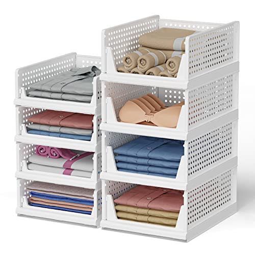 MVSRWLL Stackable Plastic Storage Basket Bin Shelf Box for Closet Wardrobe Organizer 8 Pack Foldable Clothes Drawer Storage Container for Cupboard Kitchen Bathroom Bedroom Office (White)(4L4S)