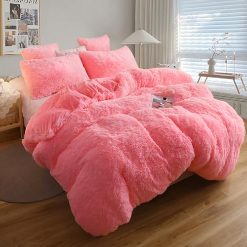 greenoak Duvet Cover Queen Size, Fluffy Luxury Plush Shaggy Duvet Cover Sets Velvet Bedding (1 Faux Fur Duvet Cover + 2 Pillowcases) Comforter Bed Sets 3 Pieces, Zipper Closure (Gradient Pink)