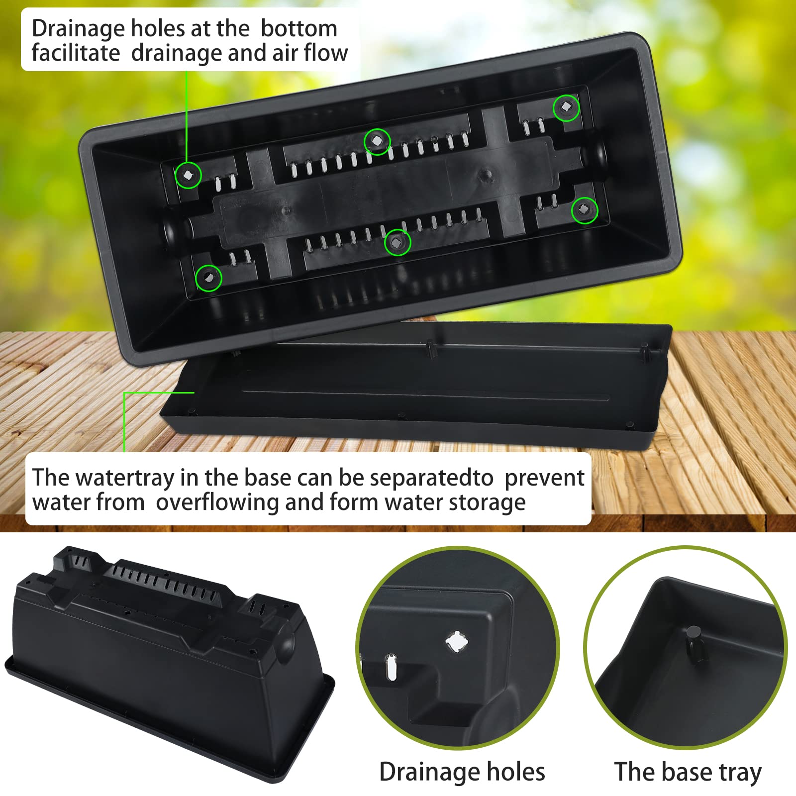 CHUKEMAOYI Window Box Planter, 10 Pack Plastic Vegetable Flower Planters Boxes 17 Inches Rectangular Flower Pots with Saucers for Indoor Outdoor Garden, Patio, Home Decor (Black)
