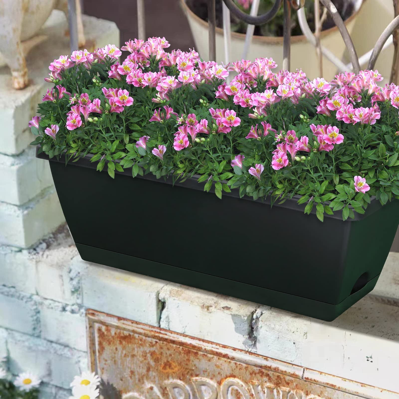 CHUKEMAOYI Window Box Planter, 10 Pack Plastic Vegetable Flower Planters Boxes 17 Inches Rectangular Flower Pots with Saucers for Indoor Outdoor Garden, Patio, Home Decor (Black)