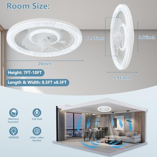 Ceiling Fans with Lights and Remote,20" Low Profile Ceiling Fans DC Quiet Motor Smart 3 Light Color Change and 6 Speeds Modern Flush Mount Ceiling Fan with Light for Living Room Bedroom