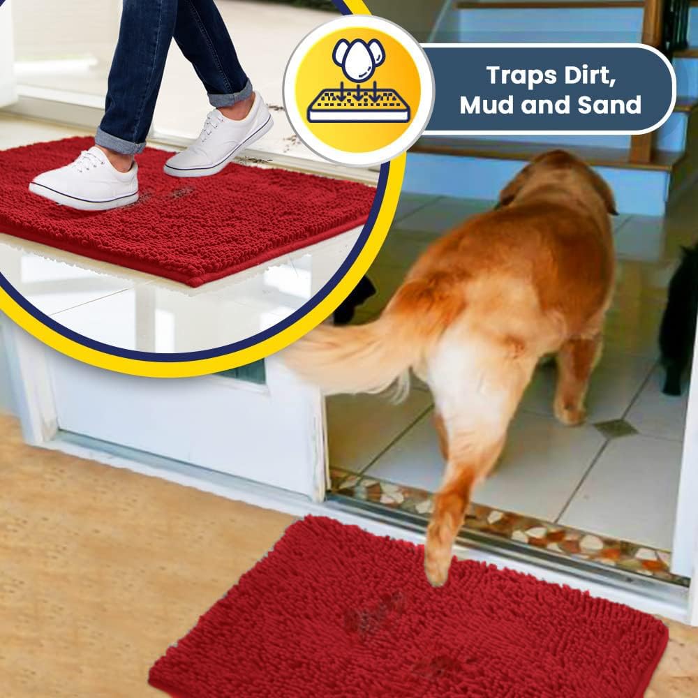 Muddy Mat® Shown on TV – Super Absorbent Microfiber Dog Door Mat for Muddy Paws, Non-Slip Washable Pet Rug, Quick Dry Chenille Entryway Carpet, Machine Washable Indoor Outdoor mat, Red 30"x19"
