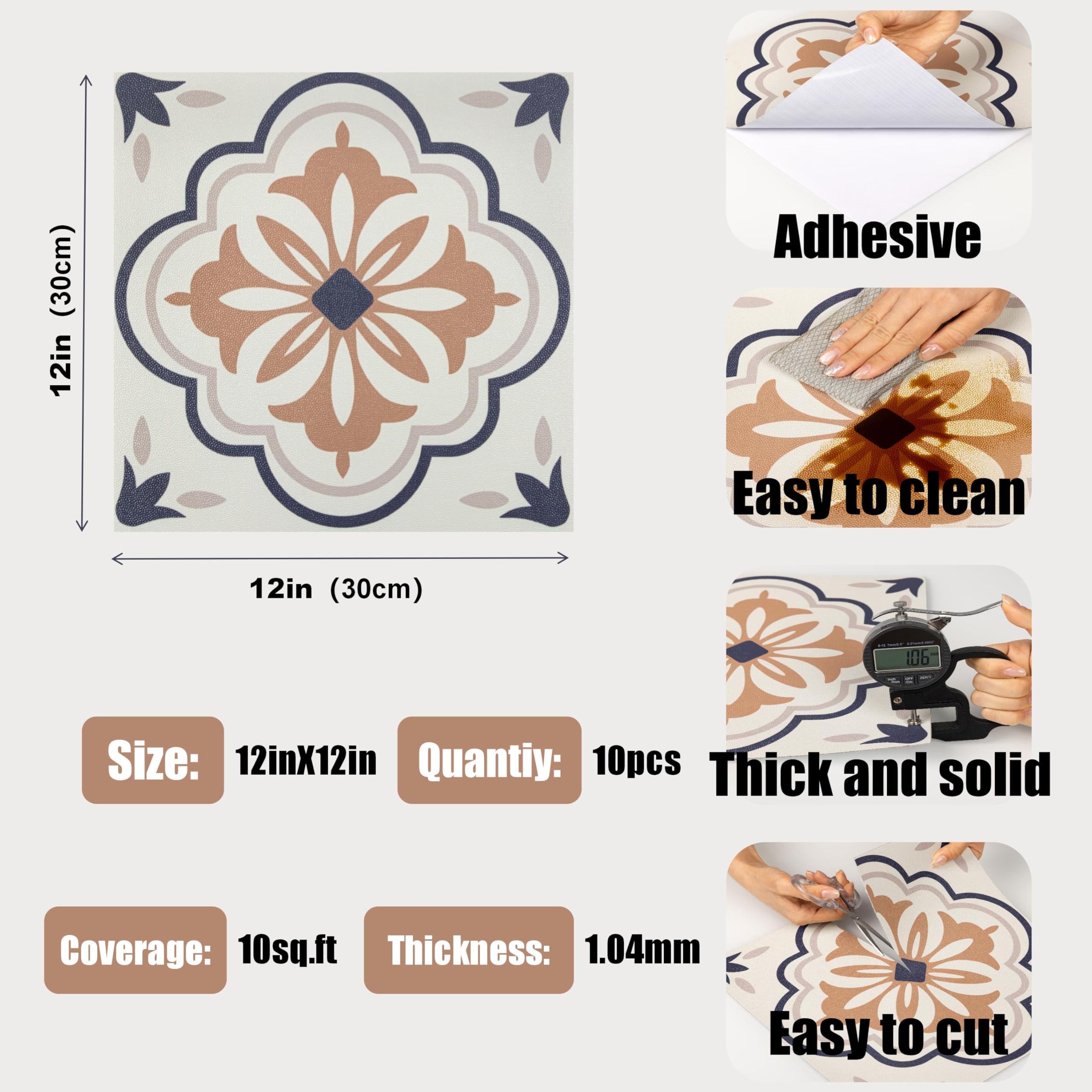 Alow Peel and Stick Floor Tile, Waterproof Peel and Stick Flooring, Self Adhesive Vinyl Flooring Easy to Install for Bathroom, Kitchen(11.8In by 11.8In, 10PCS)