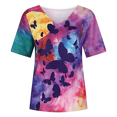 Plus Size Tops for Women Dressy Summer Trendy Short Sleeve V Neck T Shirts Rainbow Tie Dye Graphic Tees Loose Blouses