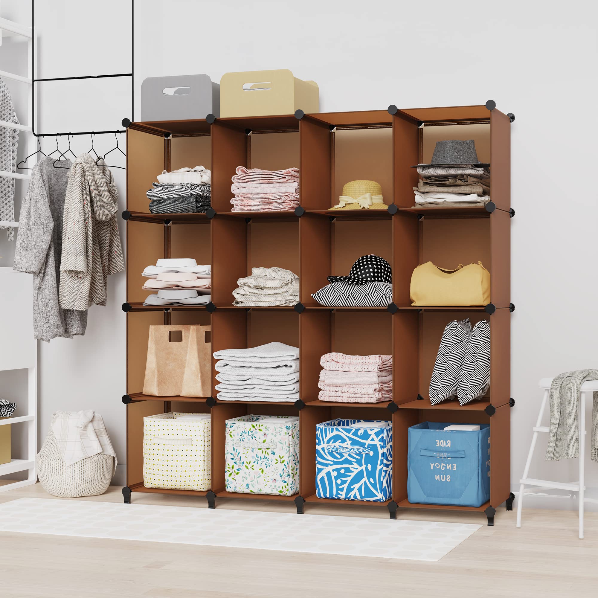 HOMIDEC Cube Storage Organizer 16-Cube Storage Shelf, Closet Organizer for Garment Racks, Closet Organizers and Storage with Metal Hammer, Bookshelf for Kids, (48.4 L x 12.2 W x 48.4 H Inches)