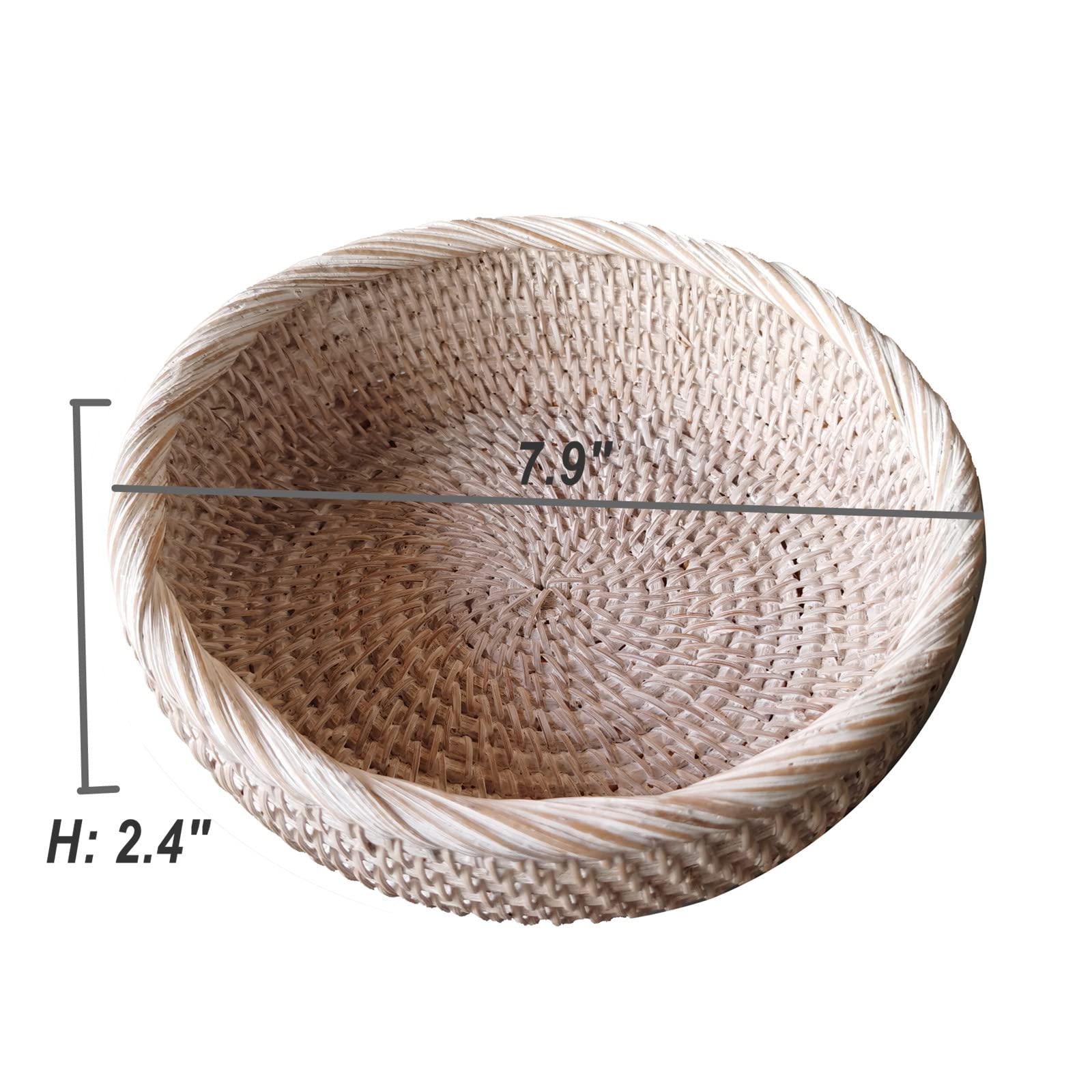 AMOLOLO Wash White Round Rattan Bowl Basket,White Decorative Handmade Wicker Key Holder, Decorative Woven Rattan Basket Tray with Wrapping Edge and 2 Inch Deep Wall,7.9"x2.4"