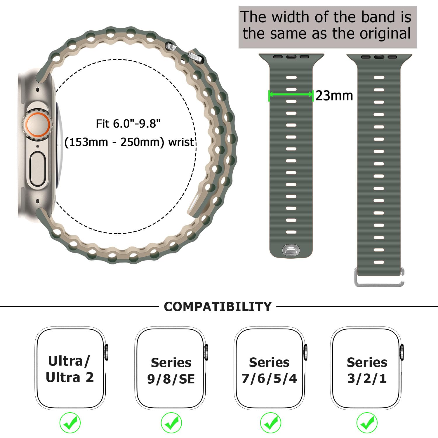 Anlinser Bands Compatible with Apple Watch Band 49mm 45mm 44mm 42mm, Adjustable Sport Loop Designed for Apple Watch Ultra 2/Ultra SE Series 9 8 7 6 5 4 3 (Gray Green/Khaki)