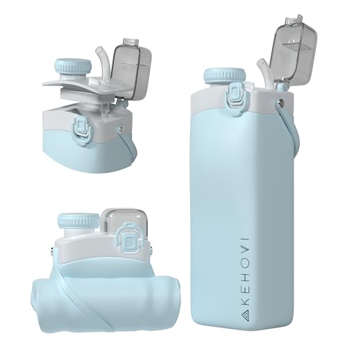 KEHOVI Collapsible Water Bottles, Leakproof Straw Clamping Lid. Reusable Foldable Portable Sports Water Bottle for Gym Camping Hiking Travel Must Have, BPA Free (Teal)