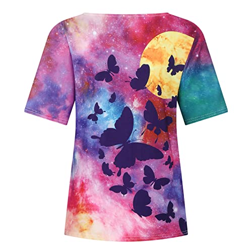 Plus Size Tops for Women Dressy Summer Trendy Short Sleeve V Neck T Shirts Rainbow Tie Dye Graphic Tees Loose Blouses