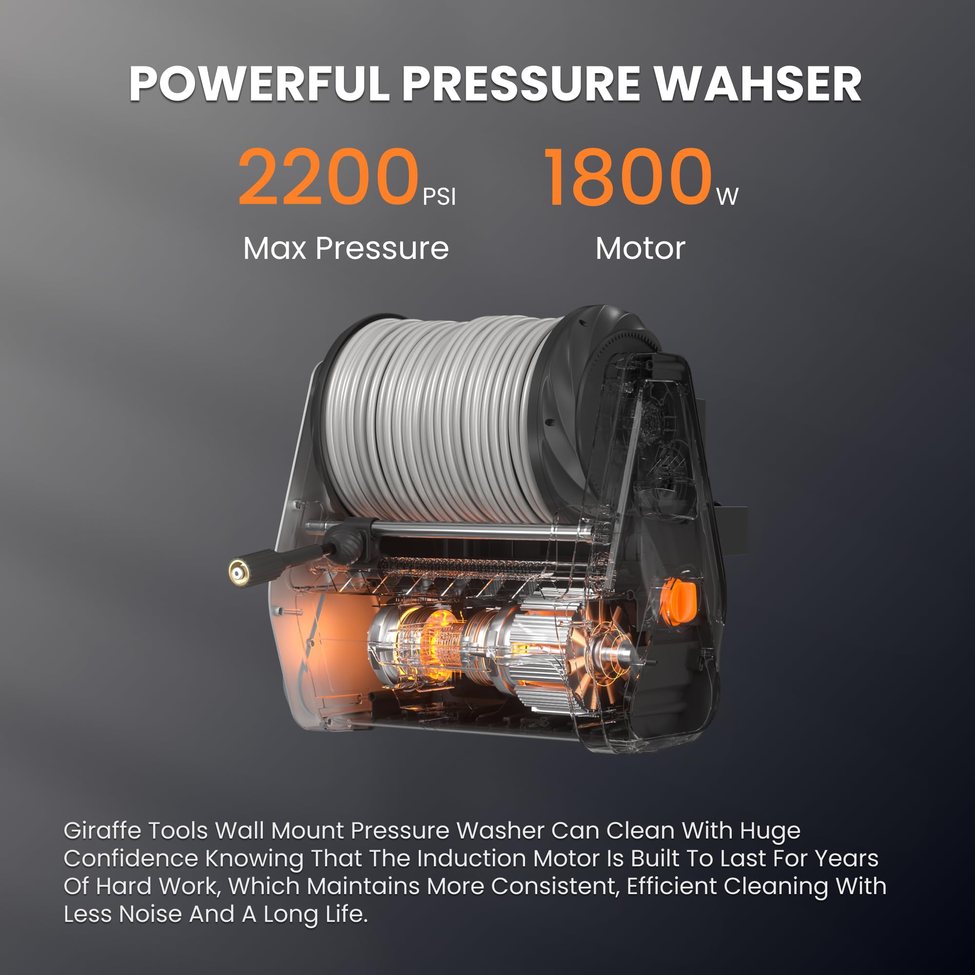 Giraffe Tools Grandfalls Pressure Washer G50, Electric Wall Mounted Pressure Washer, Power Washer with 100FT Replaceable Retractable Reel, Wall Hanging Pressure Washer, Silver Case