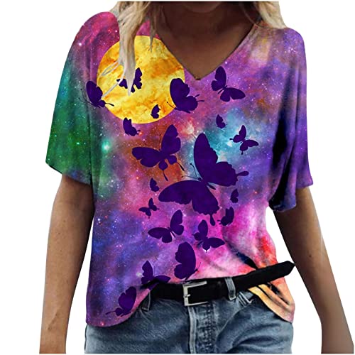 Plus Size Tops for Women Dressy Summer Trendy Short Sleeve V Neck T Shirts Rainbow Tie Dye Graphic Tees Loose Blouses