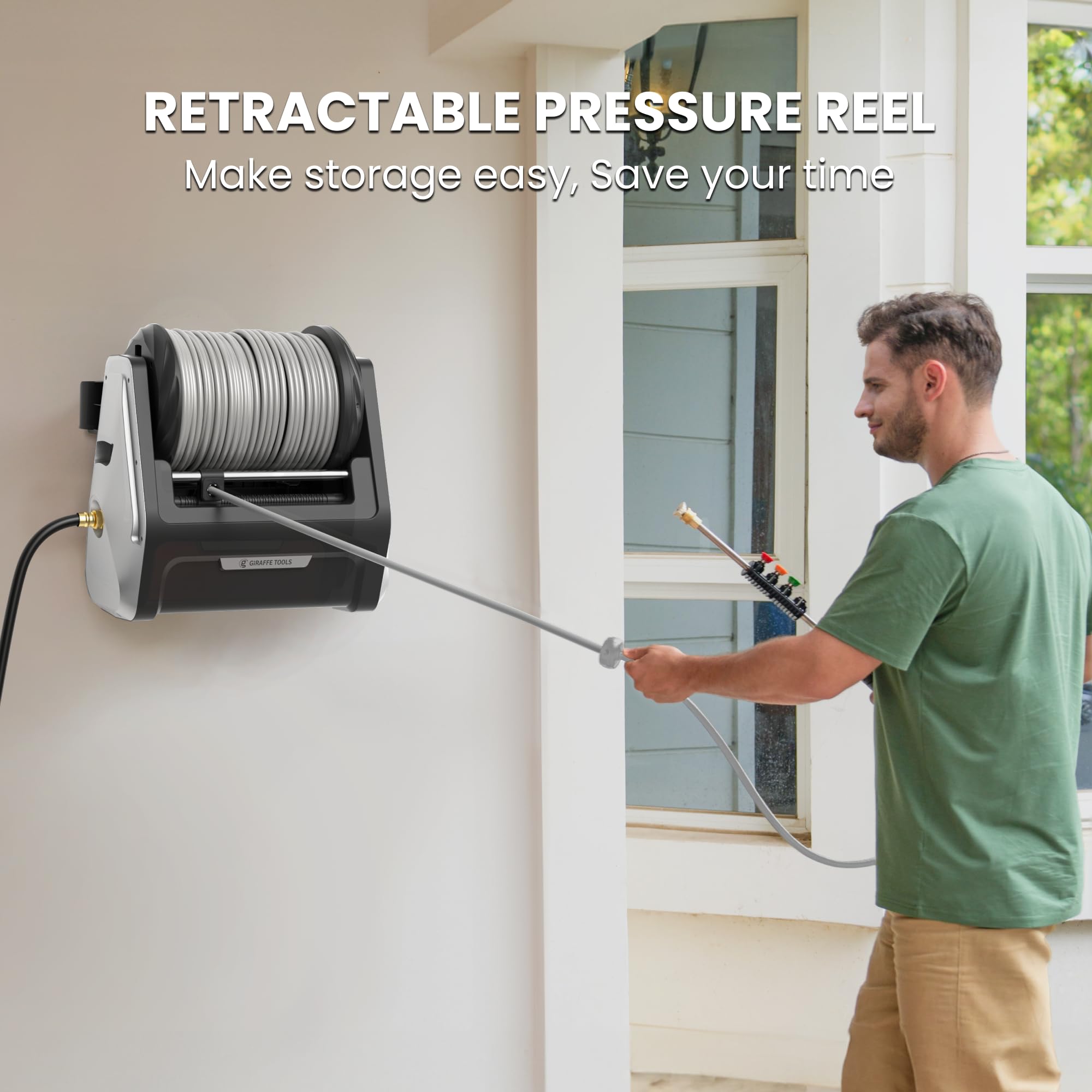 Giraffe Tools Grandfalls Pressure Washer G50, Electric Wall Mounted Pressure Washer, Power Washer with 100FT Replaceable Retractable Reel, Wall Hanging Pressure Washer, Silver Case
