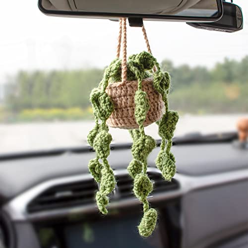 Car Mirror Hanging Accessories, Car Hanging Accessories for Car Rearview Mirrior Decor, Handmade Knitted Car Decor, Car Decorations Interior Aesthetic Rear View Mirror Accessories(Green+Khaki)