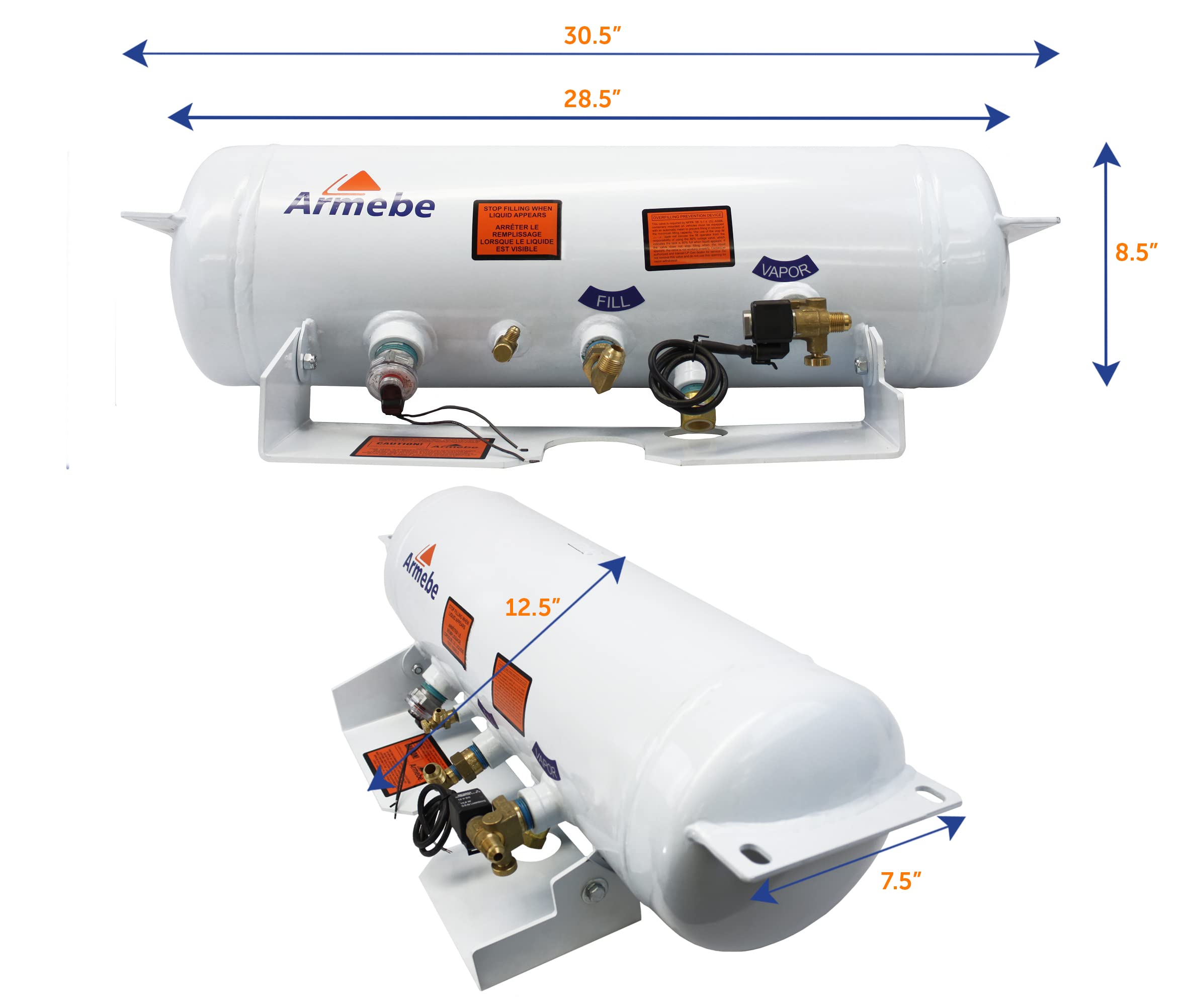 Flame King 5.9 Gallon ASME Horizontal Steel Propane Tank with Remote Fill and Bleeder Fittings, Pressure Relief Valve, and Solenoid Service Valve