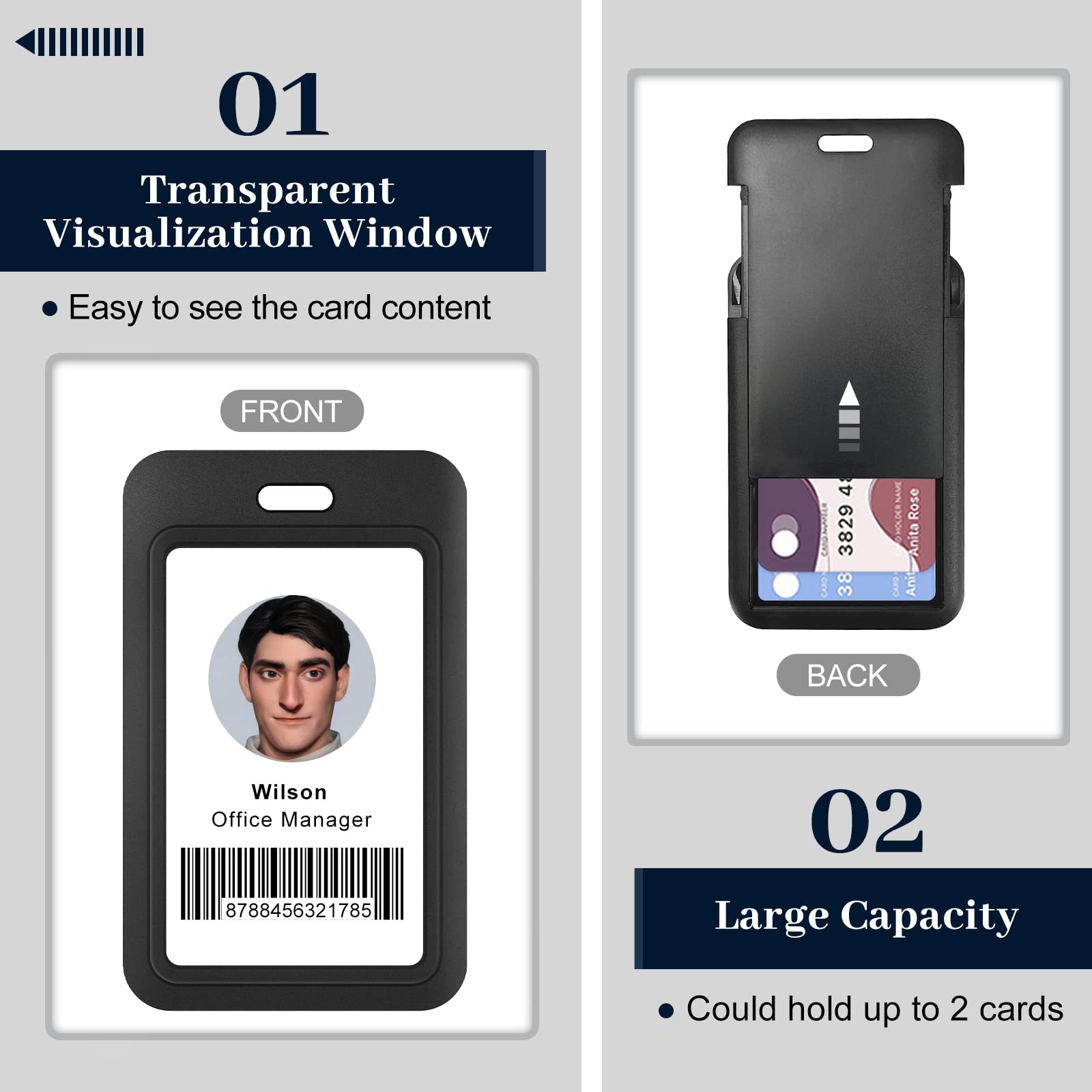 3 Pack Sliding ID Badge Holders Black Plastic Vertical ID Card Holder Hard ID Card Case Protector with Clear Window for Office, School, Conference