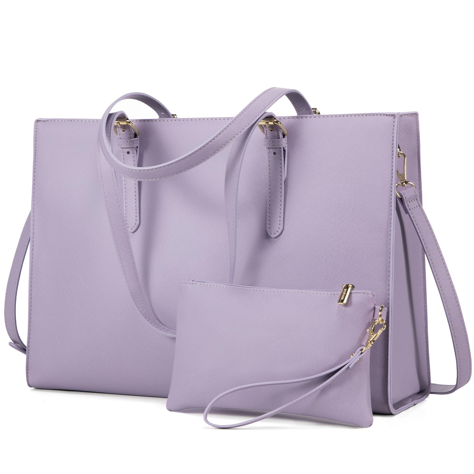 LOVEVOOK Laptop Bag for Women, Fashion Works Computer Tote Bag, 15.6-Inch Large Capacity Shoulder Bag Set with Clutch Purse, Professional Business Briefcase for Office Lady, 2PCs, Light Purple