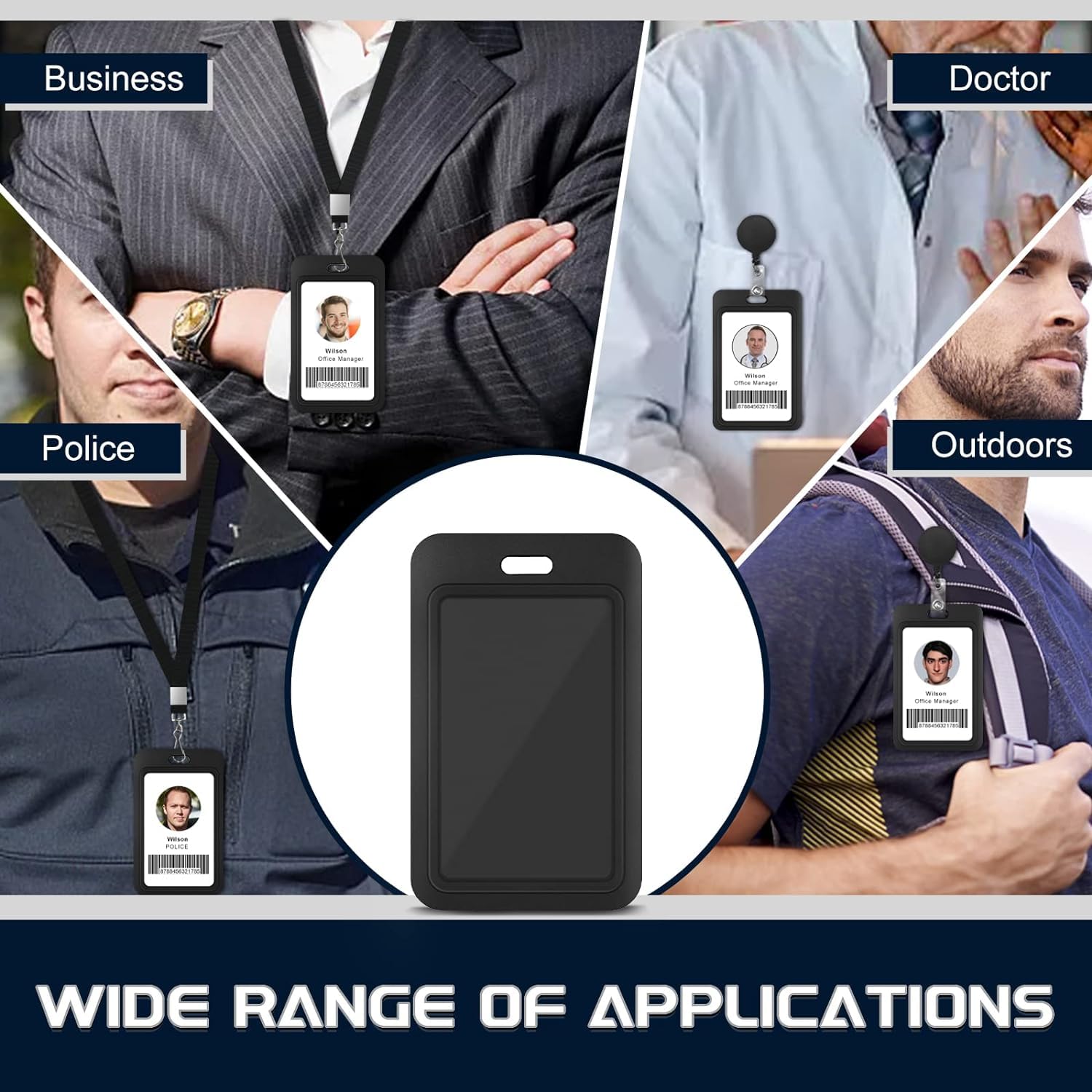 3 Pack Sliding ID Badge Holders Black Plastic Vertical ID Card Holder Hard ID Card Case Protector with Clear Window for Office, School, Conference