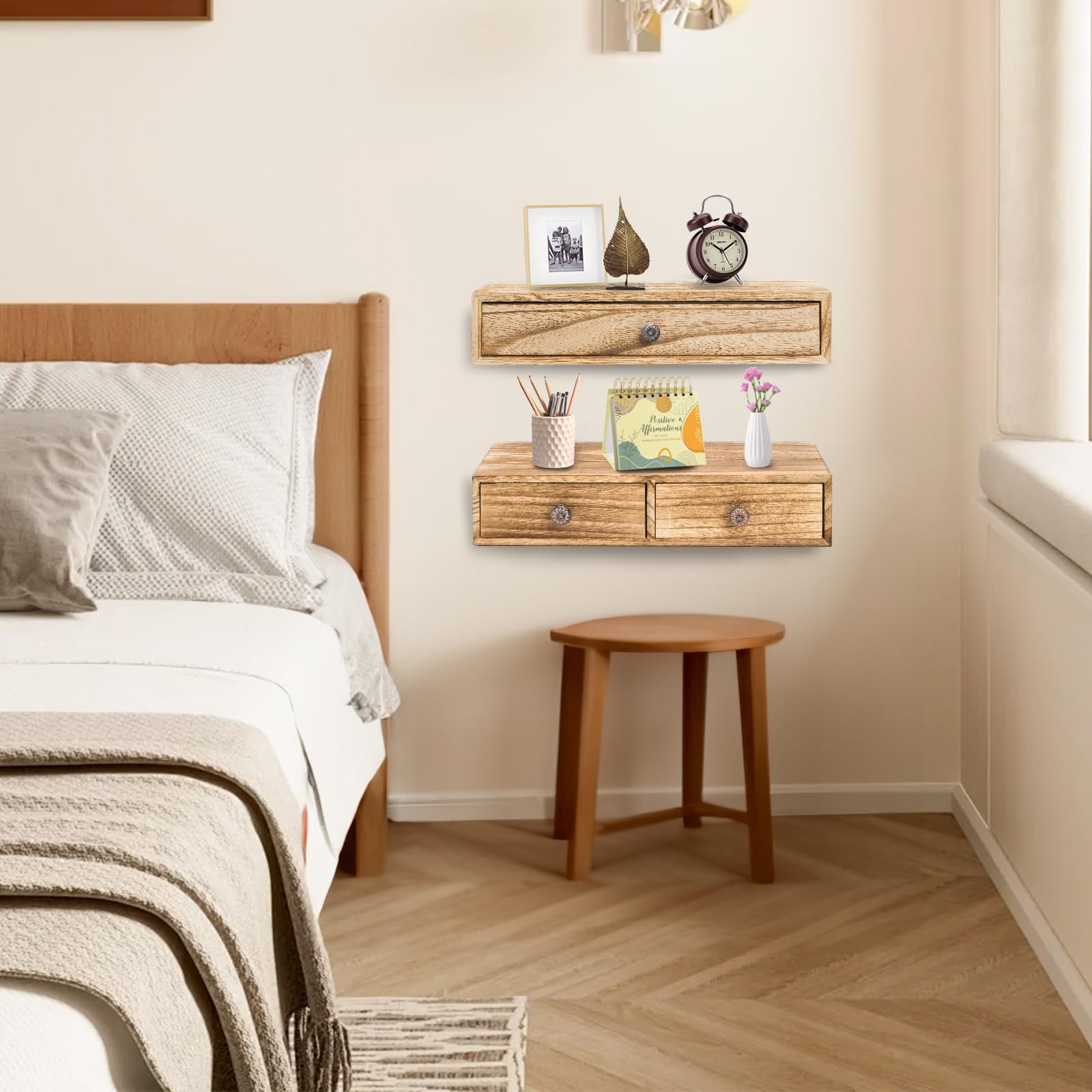 Yesland 2 Packs Floating Nightstand with Drawer - Rustic Wood Floating Wall Mounted Drawers Floating Shelf with Drawer for Living Room, Bedroom, Storage, Display - Yellowish Brown