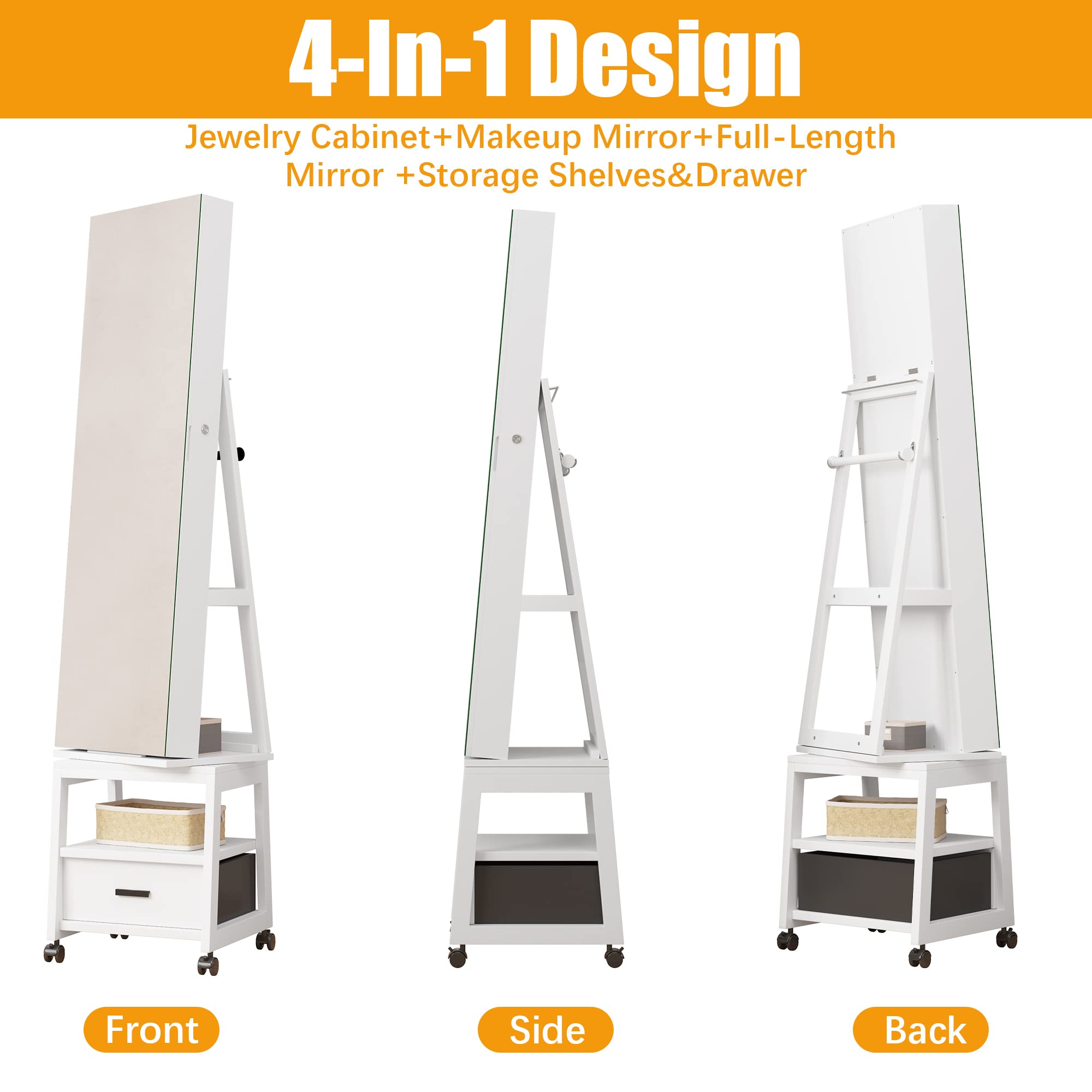 Alkmaar 360° Swivel Jewelry Armoire, Floor Standing Locking with Full Length Mirror,Bottom Drawer, Shelf, Wheels,White Cabinet with Large Storage Capacity (White push-pull)