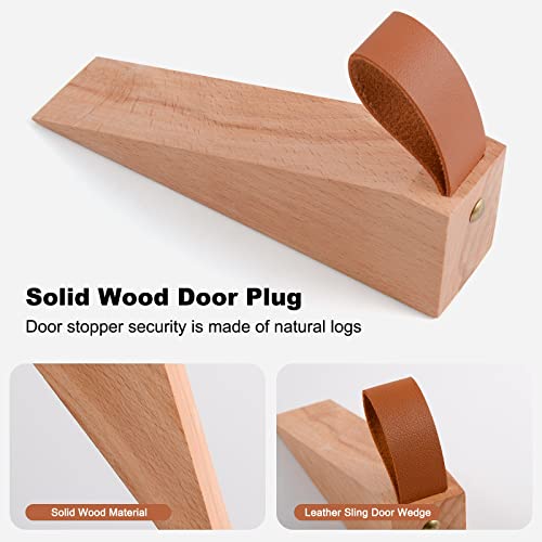 Wood Door Stopper, 2 Pack Door Stoppers Wedge with Adhesive Hooks, Solid Beech Wood Door Stop Wedge with Leather Band for Hanging, Wood Door Stoppers for Bottom of Door