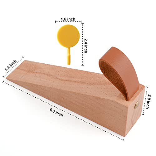 Wood Door Stopper, 2 Pack Door Stoppers Wedge with Adhesive Hooks, Solid Beech Wood Door Stop Wedge with Leather Band for Hanging, Wood Door Stoppers for Bottom of Door