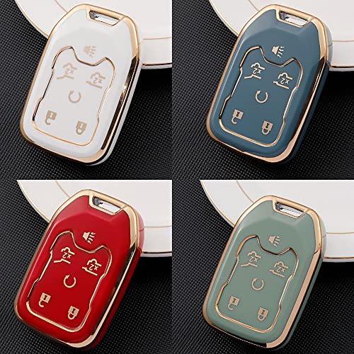 Jimtyee for GMC Key Fob Cover with Leather Lanyard Keychain Key Fob Case Shell Protection for Chevy Silverado Tahoe Suburban GMC Sierra Yukon Smart Remote Key Protector(White)