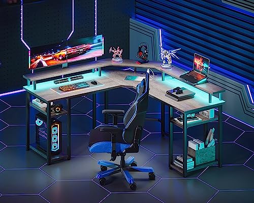 Coleshome L Shaped Gaming Desk with LED Lights & Power Outlets, Reversible 56" Computer Desk with Full Monitor Stand & Storage Shelves, Ergonomic Home Office Corner Desk, Gray Oak