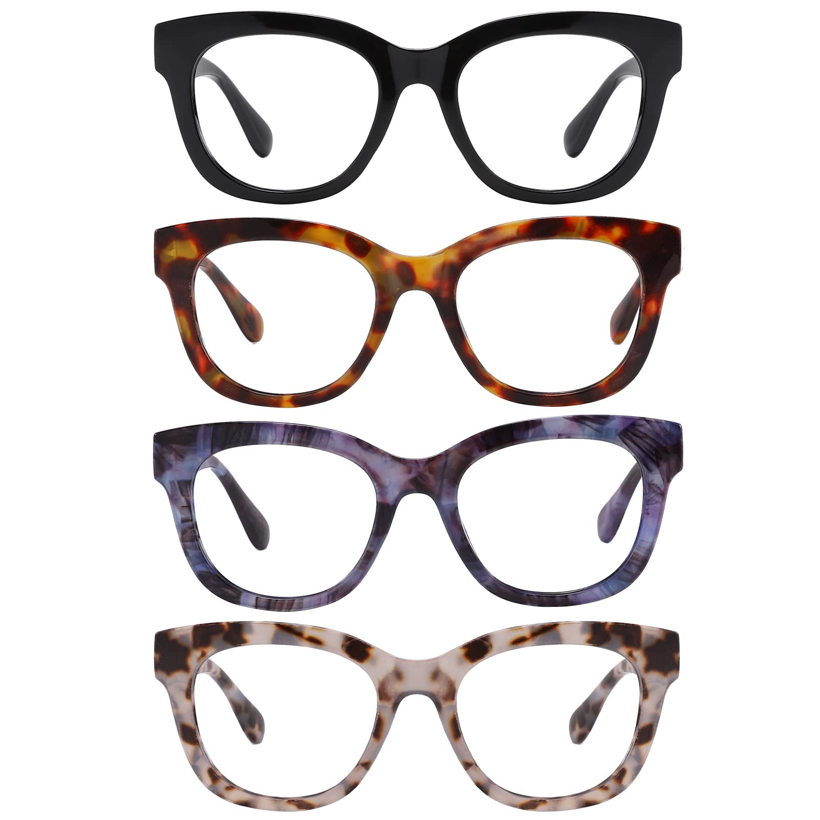 KSSESSE Reading Glasses for Women Men Square Oval Readers with Spring Hinge Thick Frame Style (Mixed Colors-C1, 0.00, x)