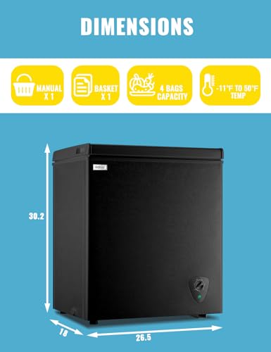 Chest Freezer 5.0 Cubic Feet Small Black Deep Freezers WANAI Mini Compact Home Machine 7 Thermostat Removable Basket Garage Dorm Apartment Kitchen Business