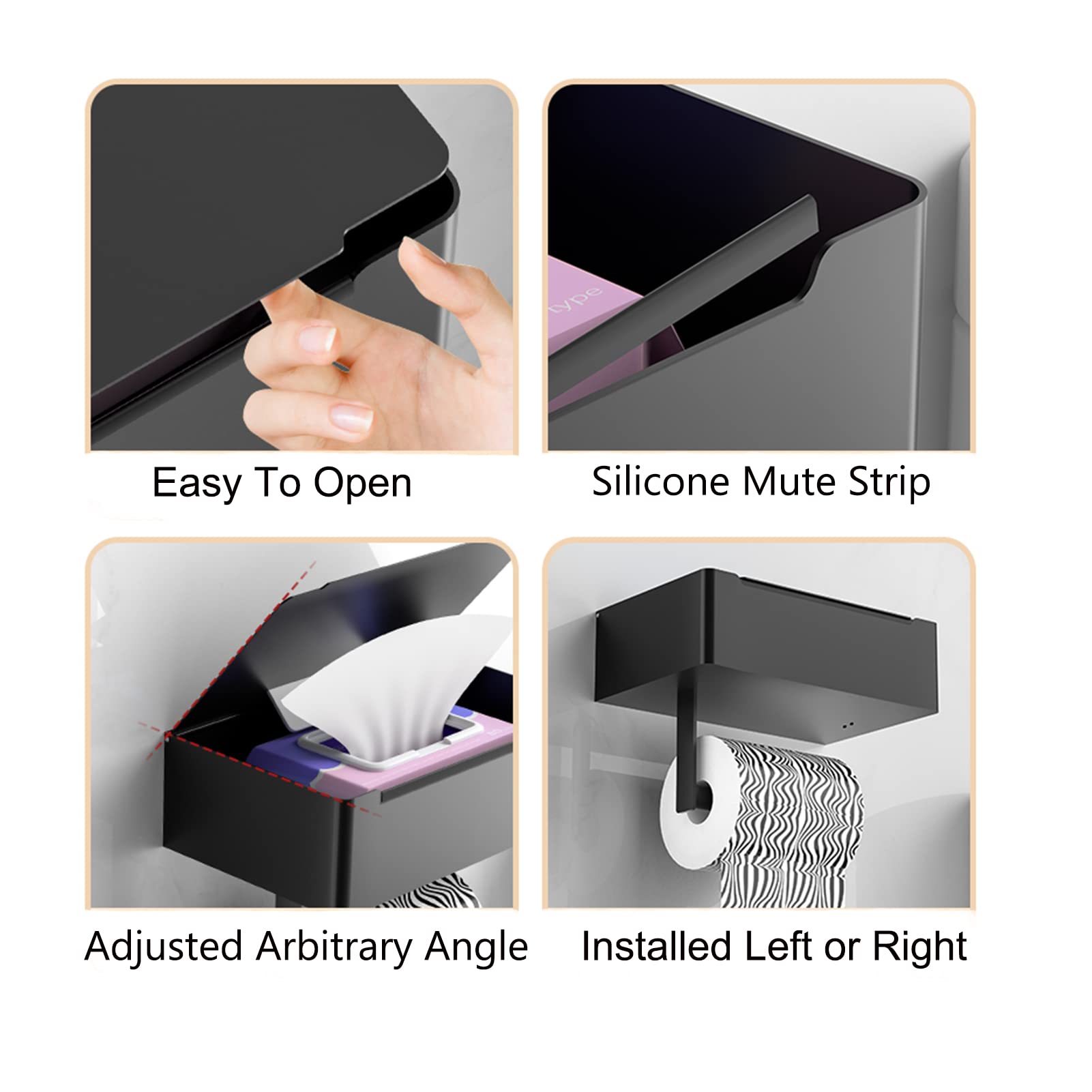 Toilet Paper Holder with Phone Shelf, Multifunctional Tissue Holder with Wipes Dispenser, Stainless Steel Tissue Roll Adhesive or Screw Wall Mounted Storage for Washroom Bathroom Organizer, Black