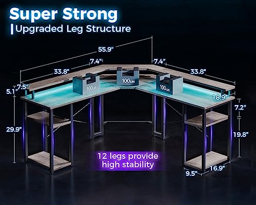 Coleshome L Shaped Gaming Desk with LED Lights & Power Outlets, Reversible 56" Computer Desk with Full Monitor Stand & Storage Shelves, Ergonomic Home Office Corner Desk, Gray Oak