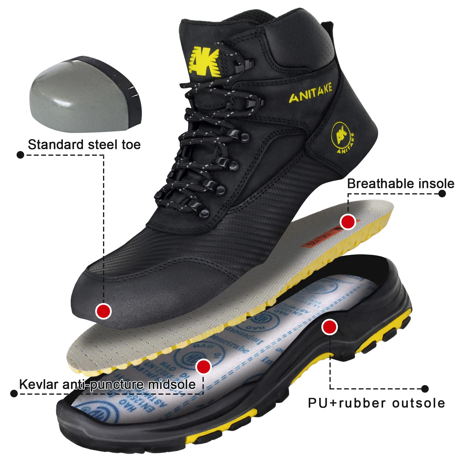 ANITAKE Steel Toe Work Boots, 6 Inch Leather Non-Slip Construction Boots for Men Safety Industrial Construction Boots for Men Puncture Resistance Work Shoes