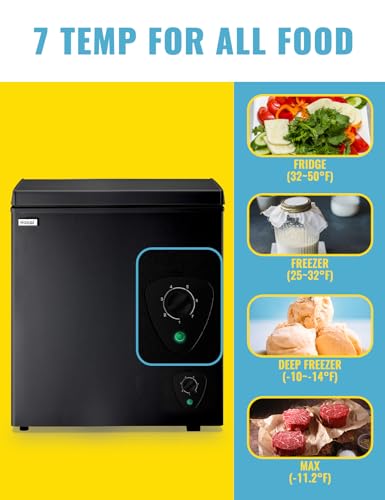 Chest Freezer 5.0 Cubic Feet Small Black Deep Freezers WANAI Mini Compact Home Machine 7 Thermostat Removable Basket Garage Dorm Apartment Kitchen Business