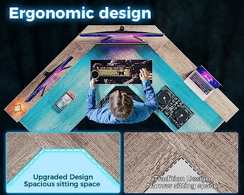 Coleshome L Shaped Gaming Desk with LED Lights & Power Outlets, Reversible 56" Computer Desk with Full Monitor Stand & Storage Shelves, Ergonomic Home Office Corner Desk, Gray Oak