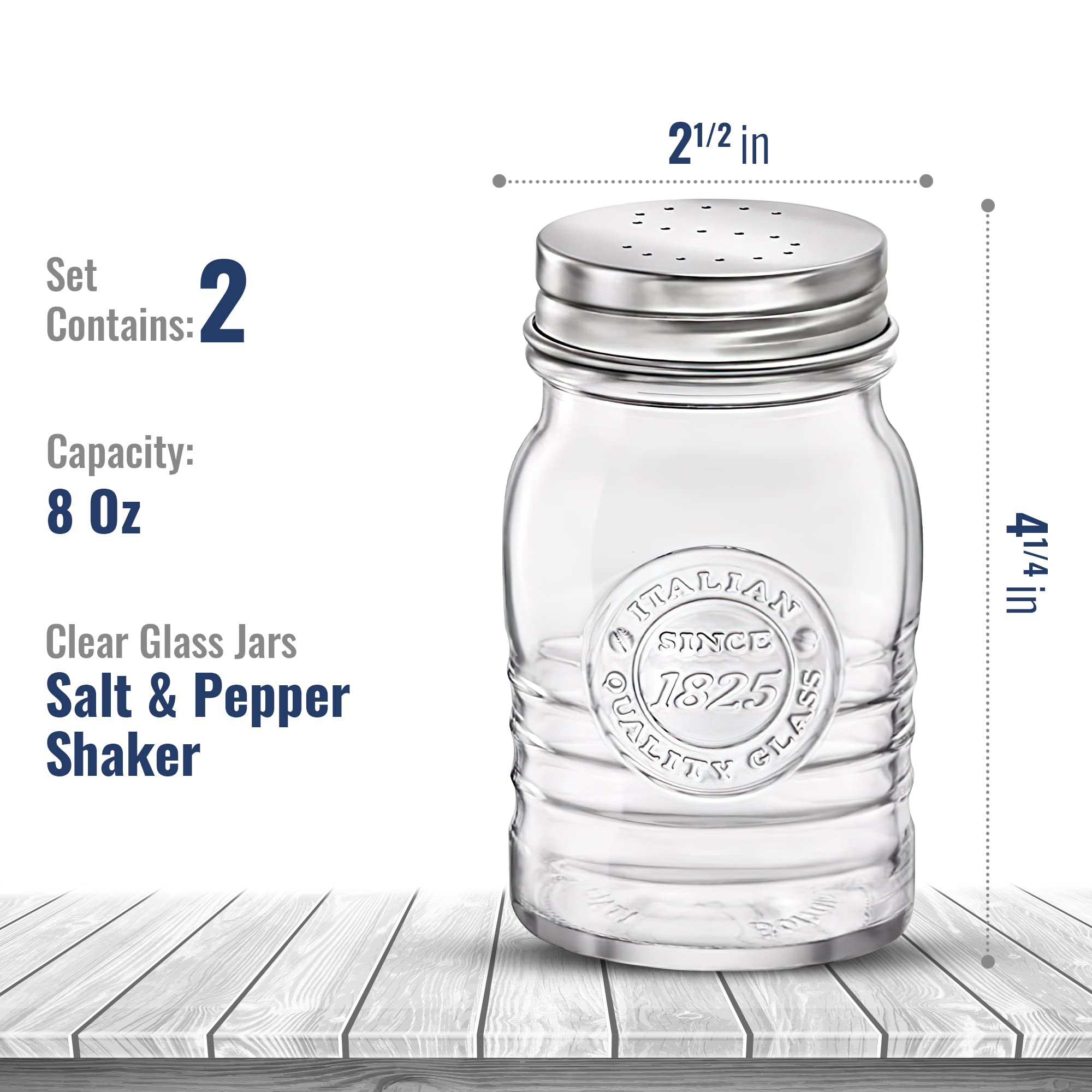 Bormioli Rocco Officina 1825 Salt And Pepper Shaker, Set Of 2, Clear, 8 Oz. Stain Resistant, Durable Glass Jars, Dishwasher Safe.