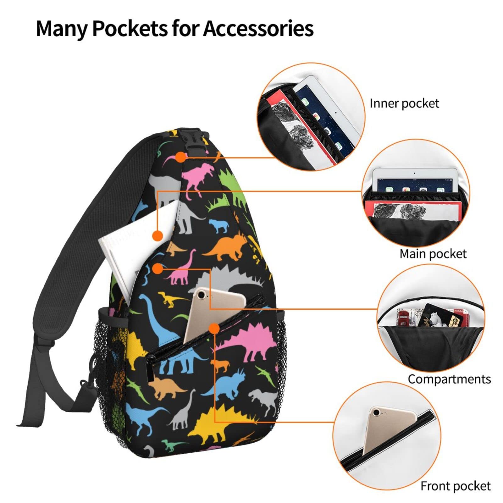NiuKom Colorful Dinosaur Sling Backpack Crossbody Sling Bag for Women Men Shoulder Bag Travel Hiking Daypack
