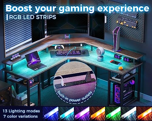 Coleshome L Shaped Gaming Desk with LED Lights & Power Outlets, Reversible 56" Computer Desk with Full Monitor Stand & Storage Shelves, Ergonomic Home Office Corner Desk, Gray Oak