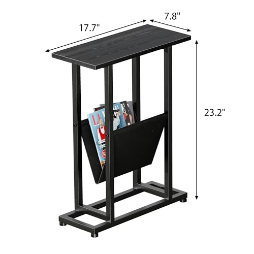 LAKEMID Narrow Side Table Set of 2, Skinny End Table with Magazine Holder, Thin Bedside Table for Small Spaces Living Room, Small Nightstands Bedroom, Black