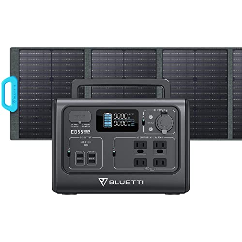 BLUETTI Solar Generator EB55 with 100W Solar Panel Included, 537Wh Portable Power Station w/ 4 110V/700W AC Outlets, LiFePO4 Battery Pack for Camping, Adventure, Emergency