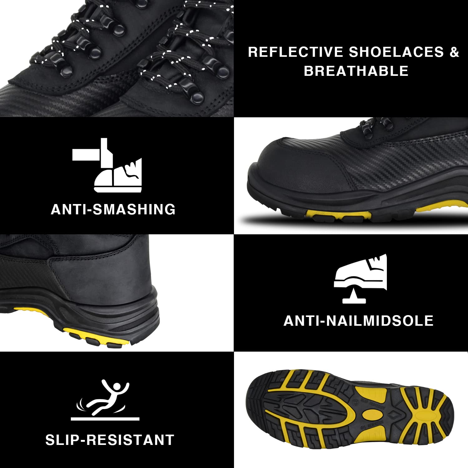 ANITAKE Steel Toe Work Boots, 6 Inch Leather Non-Slip Construction Boots for Men Safety Industrial Construction Boots for Men Puncture Resistance Work Shoes
