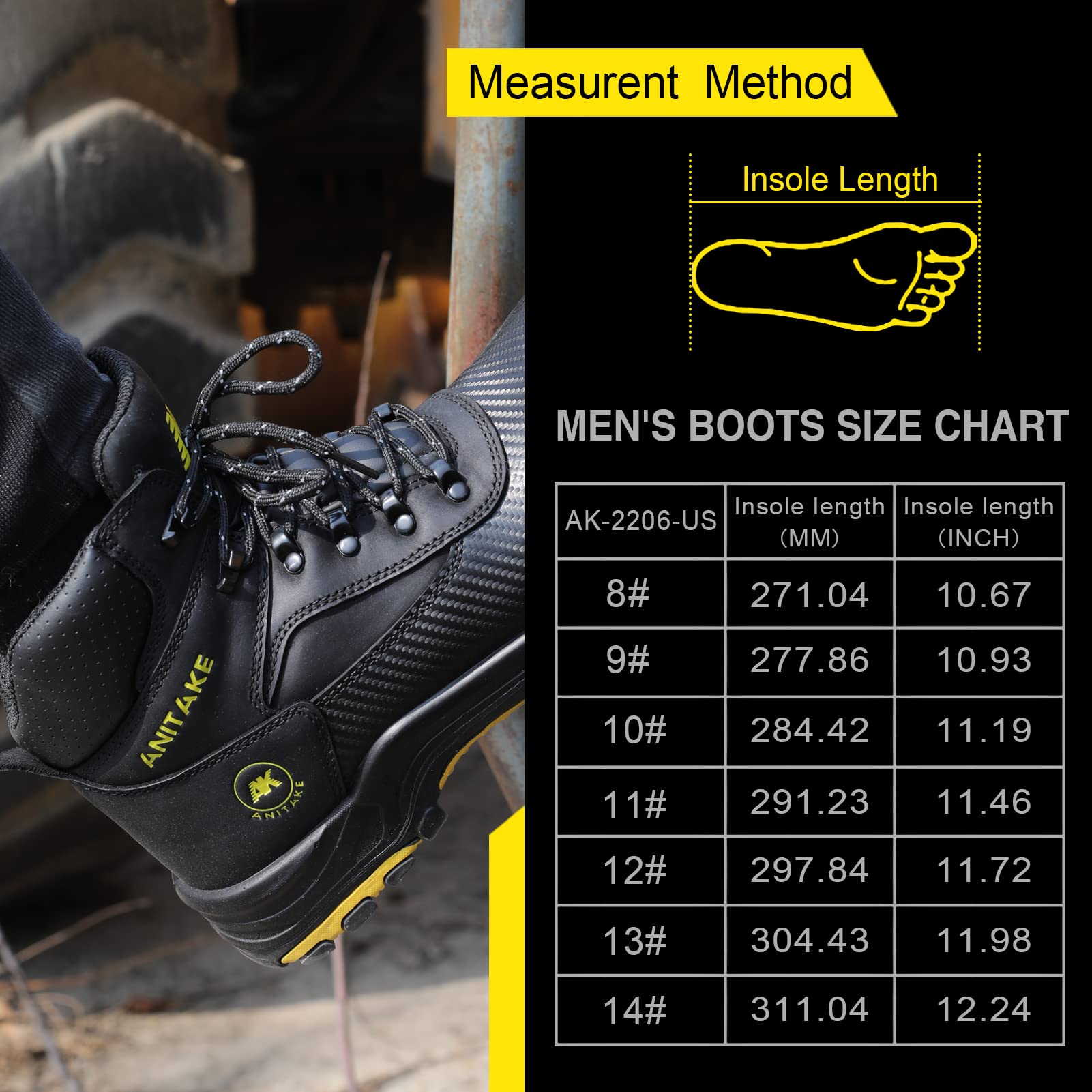 ANITAKE Steel Toe Work Boots, 6 Inch Leather Non-Slip Construction Boots for Men Safety Industrial Construction Boots for Men Puncture Resistance Work Shoes