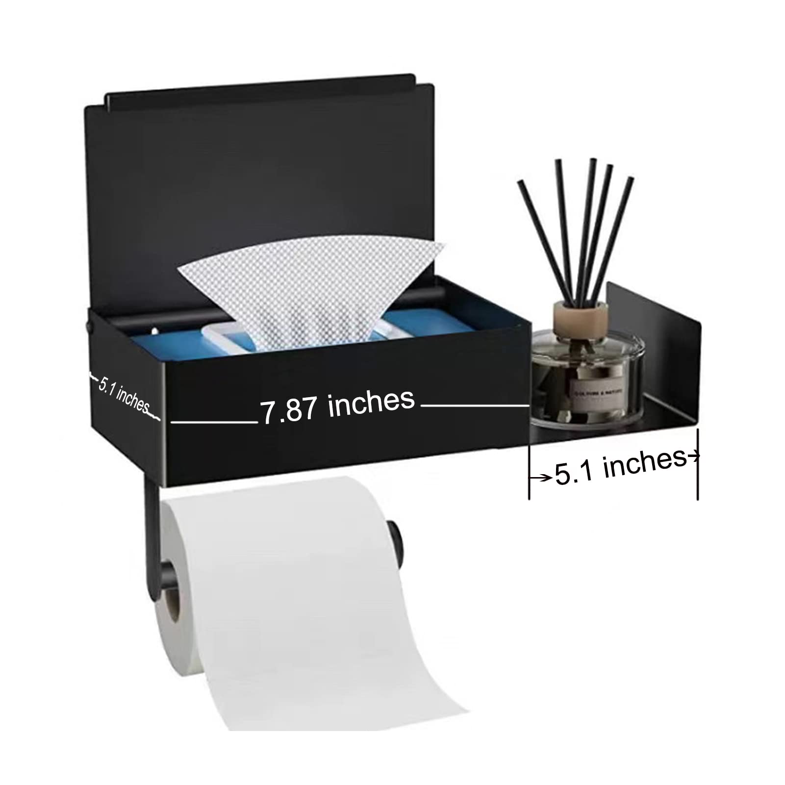 Toilet Paper Holder with Phone Shelf, Multifunctional Tissue Holder with Wipes Dispenser, Stainless Steel Tissue Roll Adhesive or Screw Wall Mounted Storage for Washroom Bathroom Organizer, Black