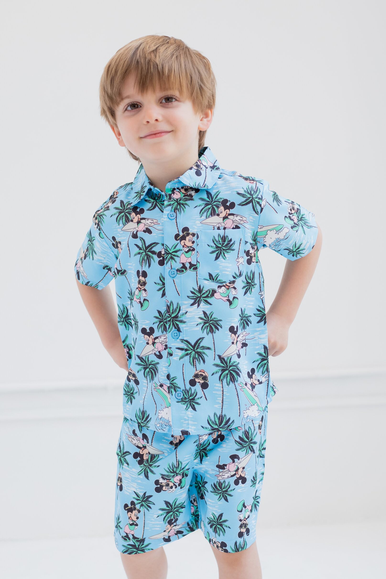 Disney Mickey Mouse Big Boys Hawaiian Button Down Shirt and Shorts Blue 14-16