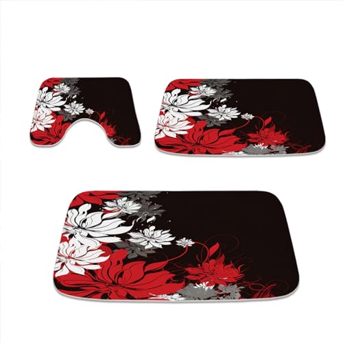 TheBlackSpot Dahlia Floral Bathroom Rugs 20 x 31 White Black and Red Flower Art Bath Mat 16 x 24 Sets 3 Piece Imitation Cashmere Anti Slip Mats U-Shaped Contour Shower Mat